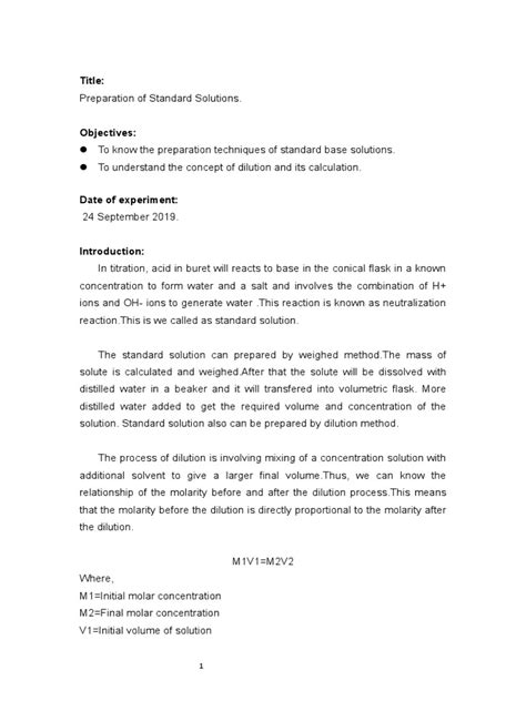 Lab Report Preparation Of Standard Solution Pdf Molar Concentration Titration