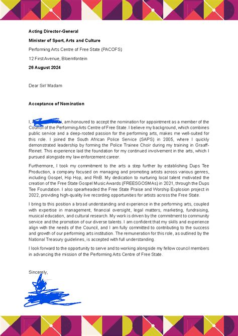 Acceptance Of Nomination Statement Template Acting Director General