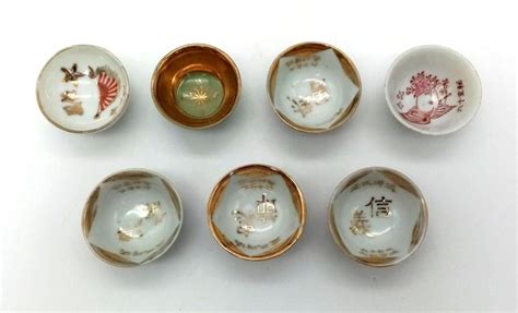 Bid Now An Assortment Of 7 Antique Japanese Bone China Saki Cups Good
