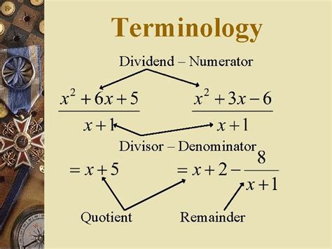 Dividing Polynomials Using Long Division Terminology Dividend Numerator