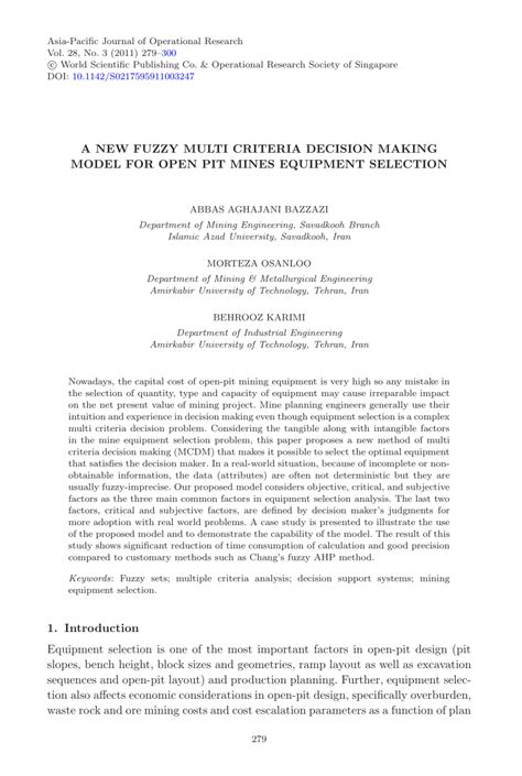 Pdf A New Fuzzy Multi Criteria Decision Making Model For Open Pit Mines Equipment Selection