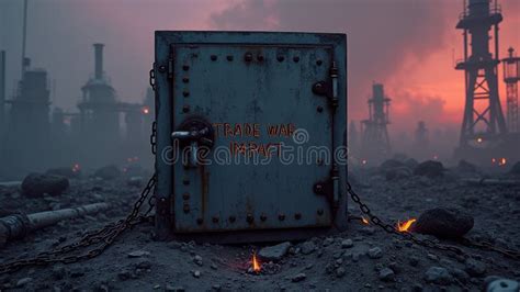 Industrial Safe On Chains In Smoky Refinery Setting At Dusk Depicting Trade War Impact Stock