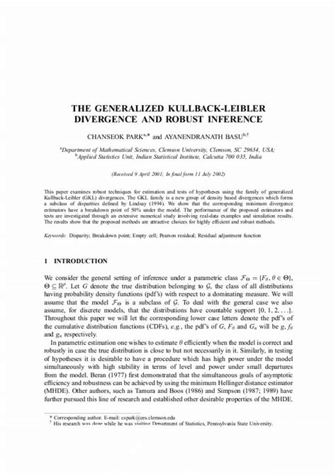 Pdf The Generalized Kullback Leibler Divergence And Robust Inference