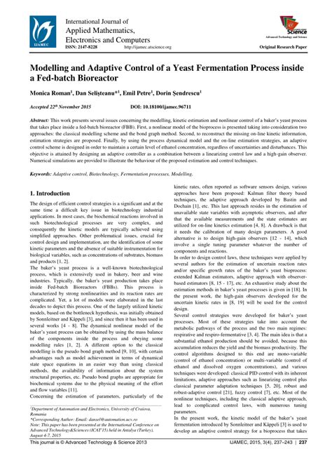 Pdf Modelling And Adaptive Control Of A Yeast Fermentation Process Inside A Fed Batch Bioreactor