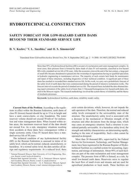 PDF Safety Forecast For Low Hazard Earth Dams Beyound Their Standard Service Life