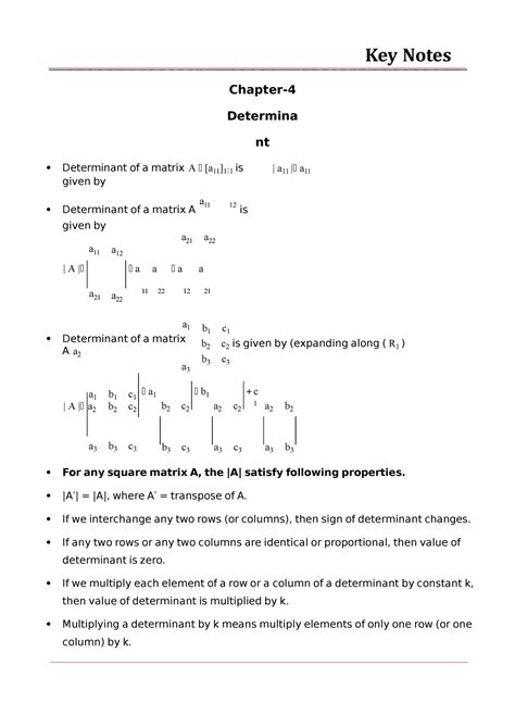 Maths Key Notes Ch Determinant Chapter Determina Nt Determinant Of A Matrix A A