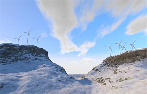 눈 덮인 산에 하얀 구름이 있는 아름다운 푸른 하늘을 배경으로 풍력 발전단지 개발에 대한 스톡 사진 및 기타 이미지 개발 경관 고요한 장면 Istock