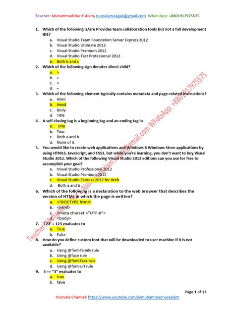 Mcq 4 From Nur E Alam Html Css Javascript Pdf Html Element Html5