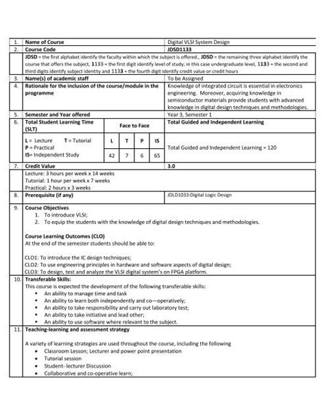 1 Name Of Course Digital Vlsi System Design 2 Course Code