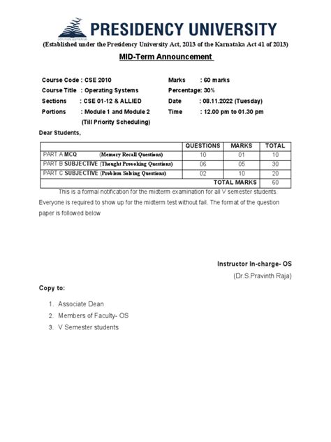 Presidency University Midterm Exam For Operating Systems Course Pdf