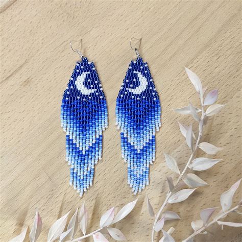 Long Blue Beaded Earrings With Crescent Moon