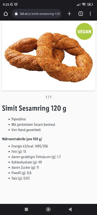 Lidl Simit Sesamring Kalorien Neue Produkte Fddb