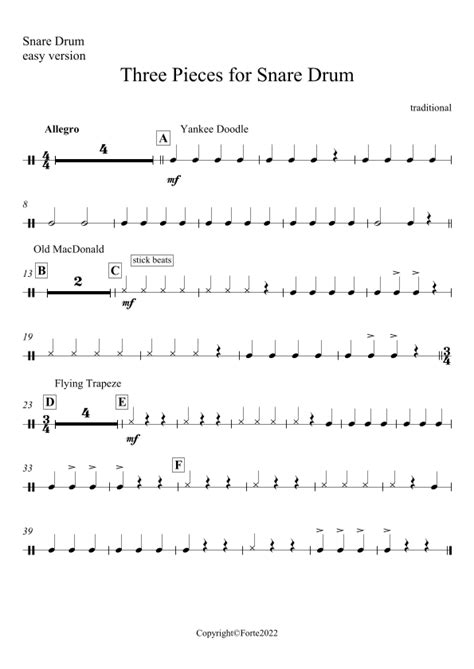 Three Pieces For Snare Drum Arr Lojze Pirnat By Traditional Sheet