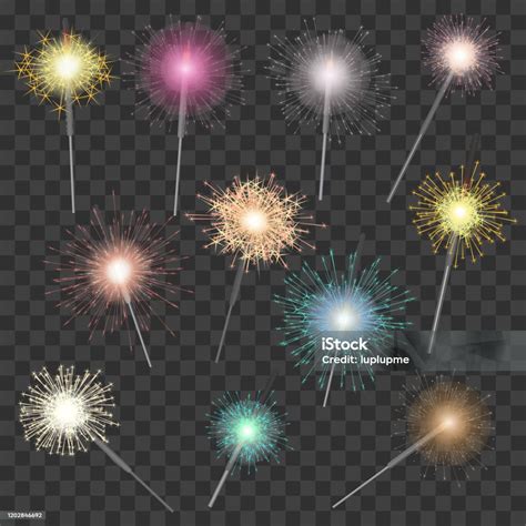 스파클러 벡터 밝은 스파클링 용 축하 크리스마스 새해 파티 스파클릿 일러스트 세트 의 반짝 불꽃 불꽃 불꽃 벵골 생일 에 고립 된 투명 한 배경 컷아웃에 대한 스톡 벡터