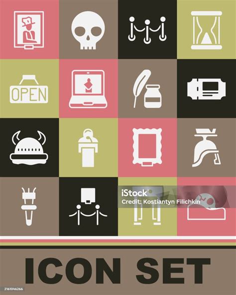 인간의 두개골 로마 육군 헬멧 박물관 티켓 로프 장벽 온라인 박물관 개방 초상화 및 깃털 및 잉크병 아이콘과 매달려 기호를 설정합니다 벡터 건설용 배리어에 대한 스톡 벡터