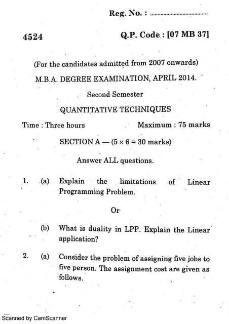 Quantitative Techniques Question Paper Mba Apl 14 Pdf