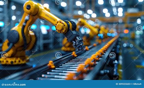 Robotic Arms Moving On Conveyor Belt In Factory Stock Image Image Of