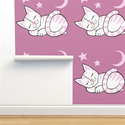 Sleepy Tabby Kitties On Dusky Pimk Wallpaper Spoonflower