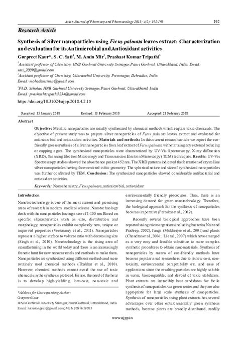 Pdf Synthesis Of Silver Nanoparticles Using Ficus Palmata Leaves