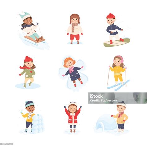 눈 썰매 스키 아이스 스케이팅 벡터 세트에서 겨울 재미있는 활동을 즐기는 어린이 아이에 대한 스톡 벡터 아트 및 기타 이미지 아이 스키타기 눈 냉동상태의 물 Istock