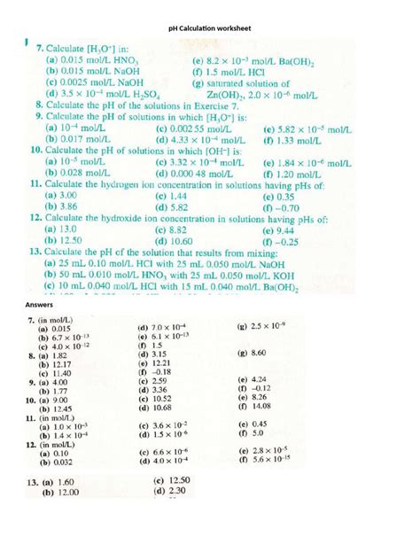 Ph Calculation Worksheet Pdf