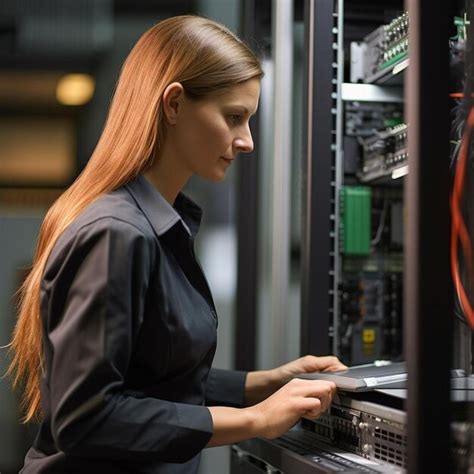 Premium AI Image Female Technician Holding Hard Drive In Server Room