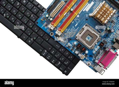 Computer Keyboard And Motherboard Isolated On White Background Repair Assembly Of Personal