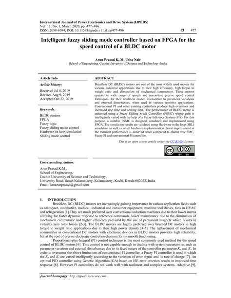 PDF Intelligent Fuzzy Sliding Mode Controller Based On FPGA For The Speed Control Of A BLDC Motor
