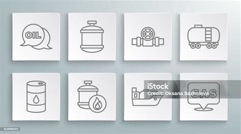 세트 라인 배럴 오일 프로판 가스 탱크 유조선 선박 위치 및 역 금속 파이프 밸브 철도 수조 및 단어 아이콘 벡터 0명에 대한 스톡 벡터 아트 및 기타 이미지 Istock
