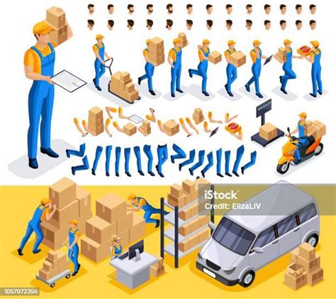 아이소메트릭 세트 4 배달 서비스에서 문자 택배 남자를 만듭니다 일련의 손 발 캐릭터의 감정 다양 한 헤어스타일의 세트의 제스처 고객에 대한 스톡 벡터 아트 및 기타 이미지