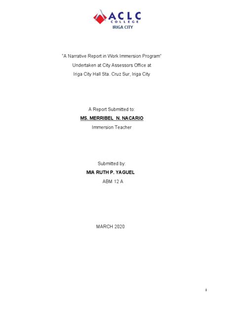 A Narrative Report In Work Immersion Program March Pdf