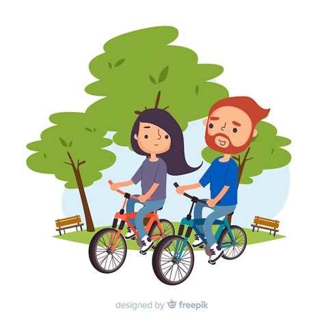 Счастливая милая маленькая девочка мальчик езда на велосипеде Премиум векторы