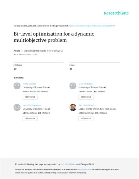 Pdf Bi Level Optimization For A Dynamic Multiobjective Problem
