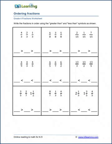 Grade Math Worksheets Ordering Three Fractions K Learning Worksheets Library