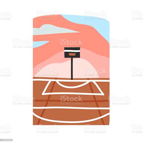 손으로 그린 벡터 추상 스톡 플랫 그래픽 일러스트와 일몰 해변 장면 의 거리 농구 코트와 흰색 배경에 고립 된 공 Championship에 대한 스톡 벡터 아트 및 기타
