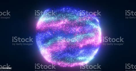 파란색과 보라색으로 빛나는 밝은 비행 에너지 입자와 점 추상적인 배경의 추상 구 공 3차원 형태에 대한 스톡 사진 및 기타 이미지 3차원 형태 Lcd 가상현실
