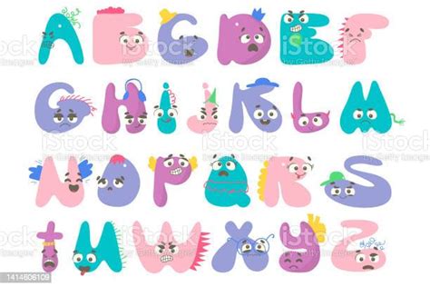 눈과 속눈썹이있는 귀여운 손으로 그린 알파벳 감정이있는 낙서 편지 재미있는 웃는 얼굴과 카와이 거품 글꼴 책 표지 포스터 카드