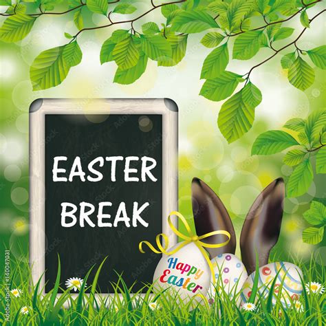 Happy Easter Break Eggs Blackboard Hare Ears Beech Twigs Vector De Stock Adobe Stock