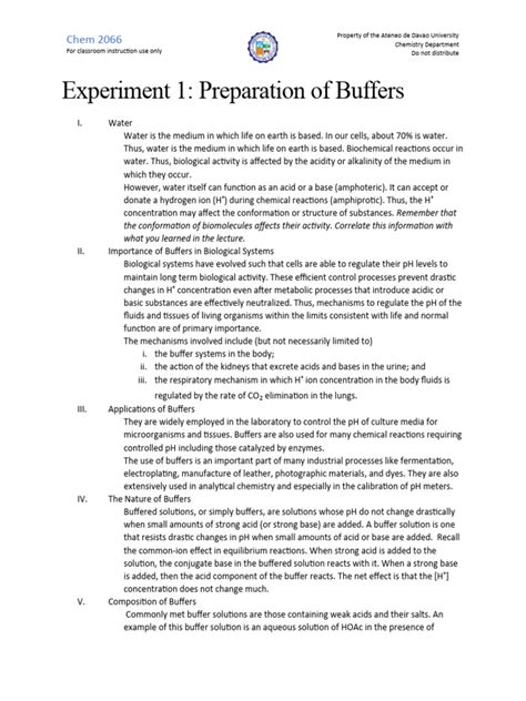 Chem 2066 Biochemistry Experiment 1 Preparation Of Buffers 2020 07007 Pdf Buffer Solution Ph