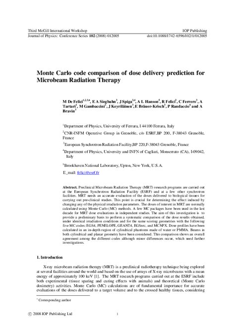 Pdf Monte Carlo Code Comparison Of Dose Delivery Prediction For Microbeam Radiation Therapy