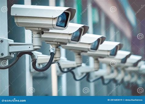 Surveillance Cameras Mounted In A Row On A Bulding Wall Monitoring Busy