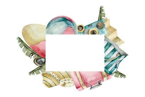 복사 공간이 있는 여름 해변 휴가 배너 수채화 바다와 바다 여행 프레임 복고풍 수하물 서핑 해변 가방 지도 및 포스터 웹 디자인에 대 한 모자 그림 하와이 투어 개념에 대한