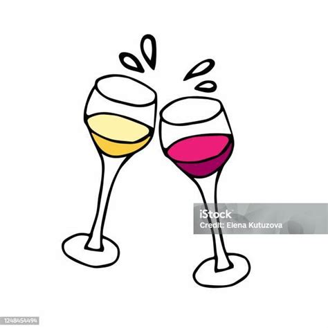 화이트 와인과 레드 와인 과 와인 의 두 잔 벡터 응원 Idoodle 스케치 그림 손으로 그린 만화 고립 세트 스플래시와 축제 토스트 막대 로고 템플릿 메뉴 디자인 라벨