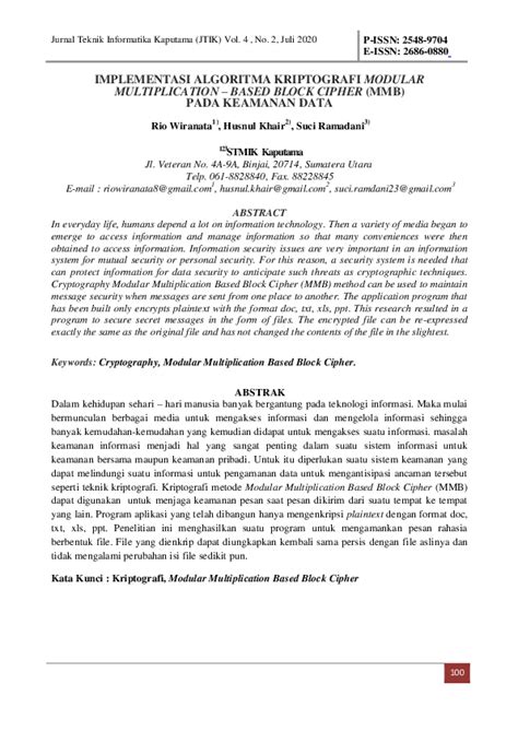Pdf Implementasi Algoritma Kriptografi Modular Multiplication Based