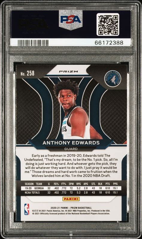 Anthony Edwards 2020 Panini Prizm Rookie 258 Silver Prizm Psa 10 Gem