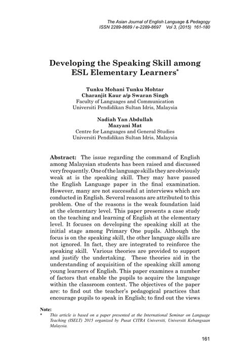 Pdf Developing Speaking Skills Among Esl Elementary Learners