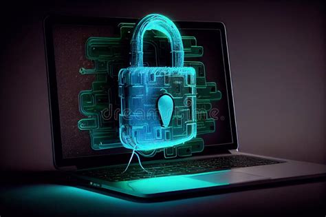 Computer On Dark Black Background With Neon Lights And Lock As A