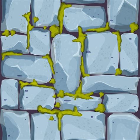 돌담 벽돌 포장 이끼가 있는 바위 만화 속 게임 배경 프리미엄 벡터