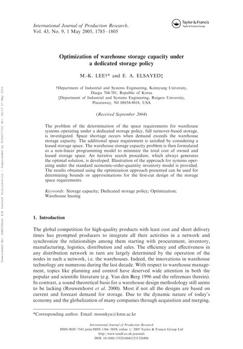 Pdf Optimization Of Warehouse Storage Capacity Under A Dedicated Storage Policy