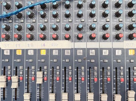 Top View Of Knobs With Button Of Sound Music Mixer Control Panel Stock